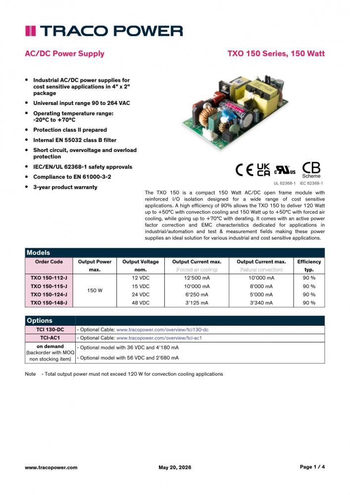 TXO 150 series technical document, page 1