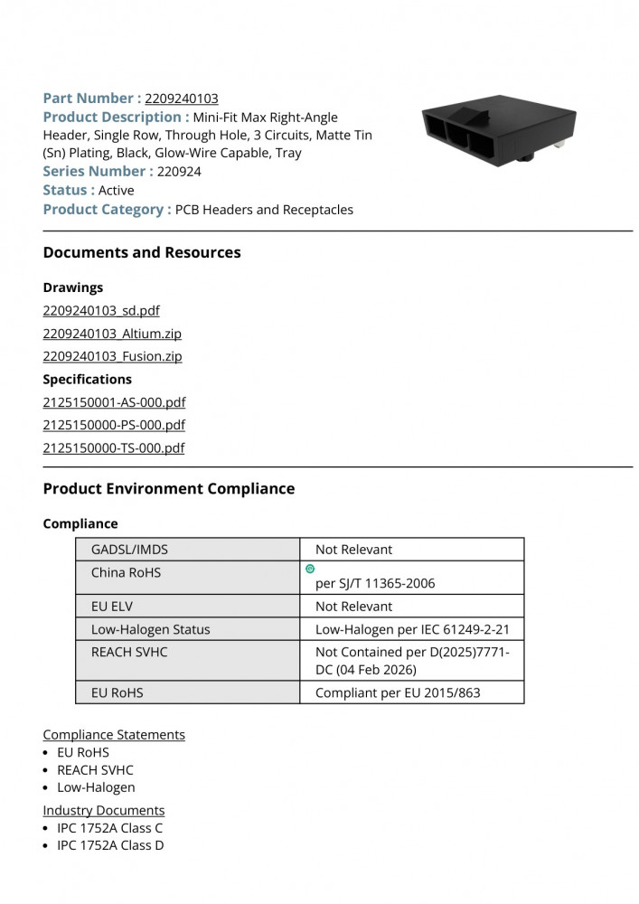 MOLEX 2209240103 technical document page 1