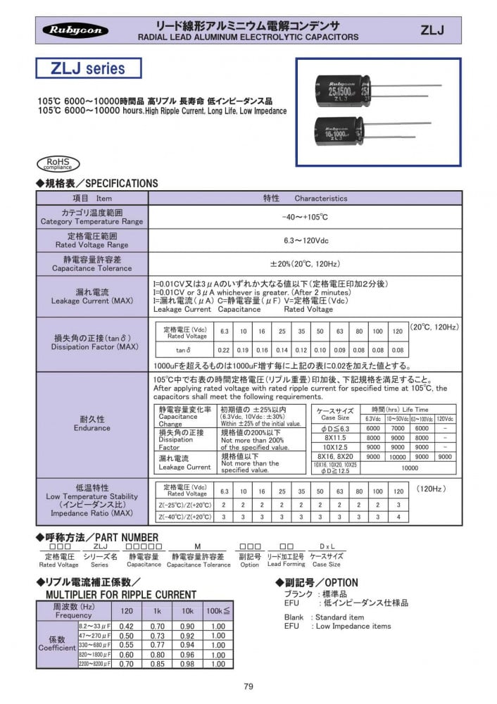 Rubycon ZLJ series datasheet page 1