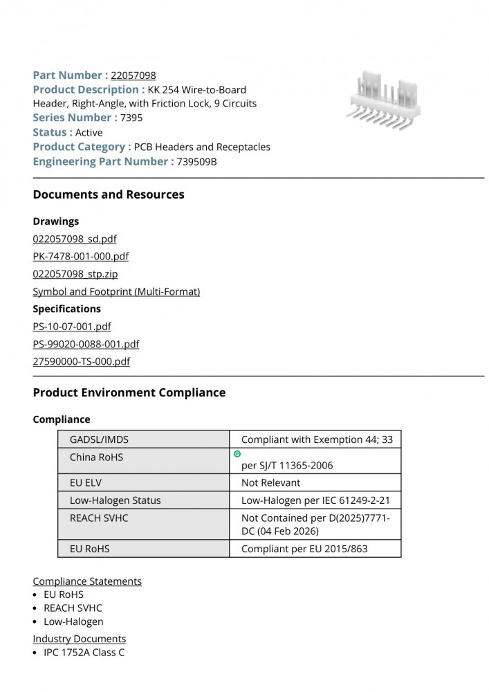 MOLEX 22057098 technical drawing preview, page 1