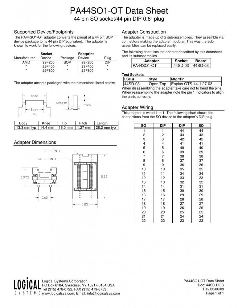 PA44SO1-OT datasheet page showing adapter information
