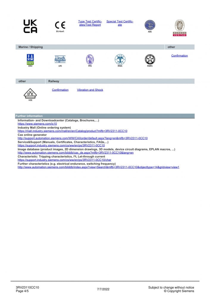 SIEMENS 3RV23110CC10 technical document page 4