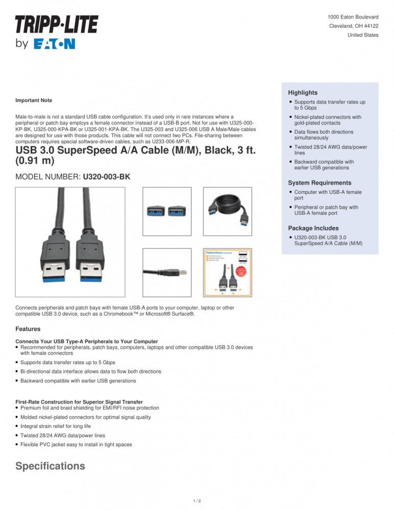 U320-003-BK technical document page 1