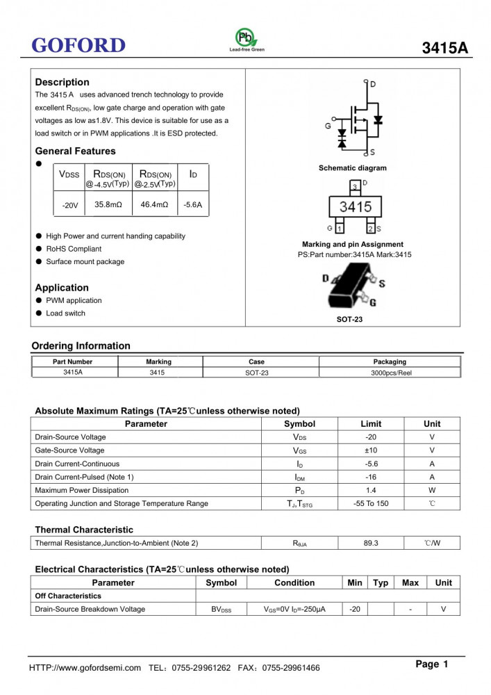 GOFORD 3415A datasheet page 1