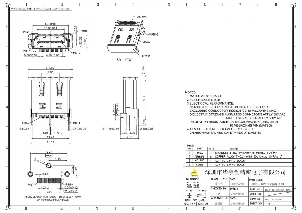 HOAUC HYCW112-HDMIA19-150B technical drawing page 1