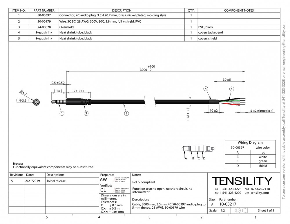 Tensility International 10-03217 cable assembly drawing