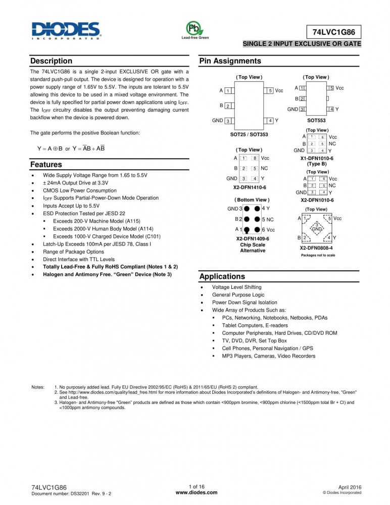 74LVC1G86SE-7 datasheet page 1