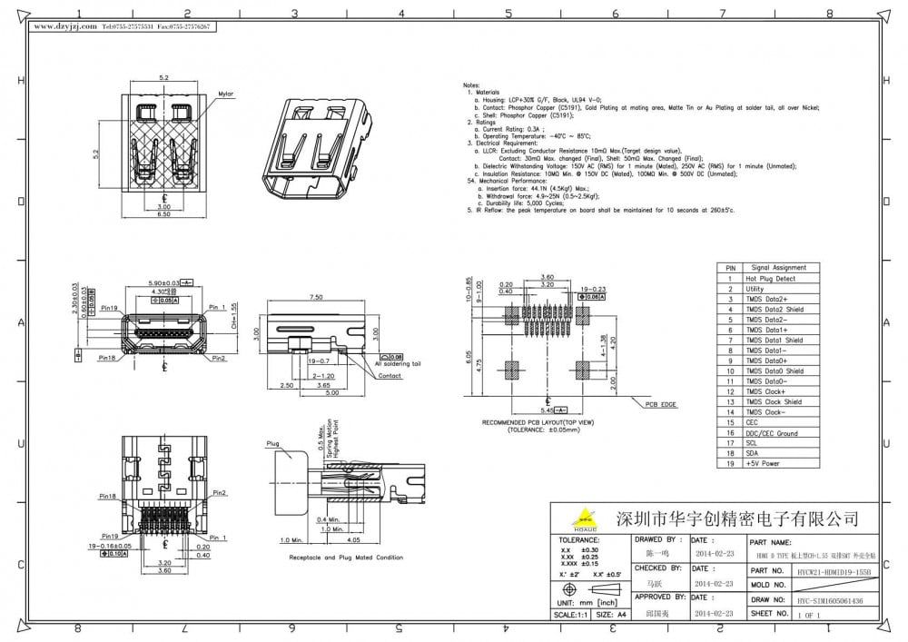 HOAUC HYCW21-HDMID19-155B technical drawing