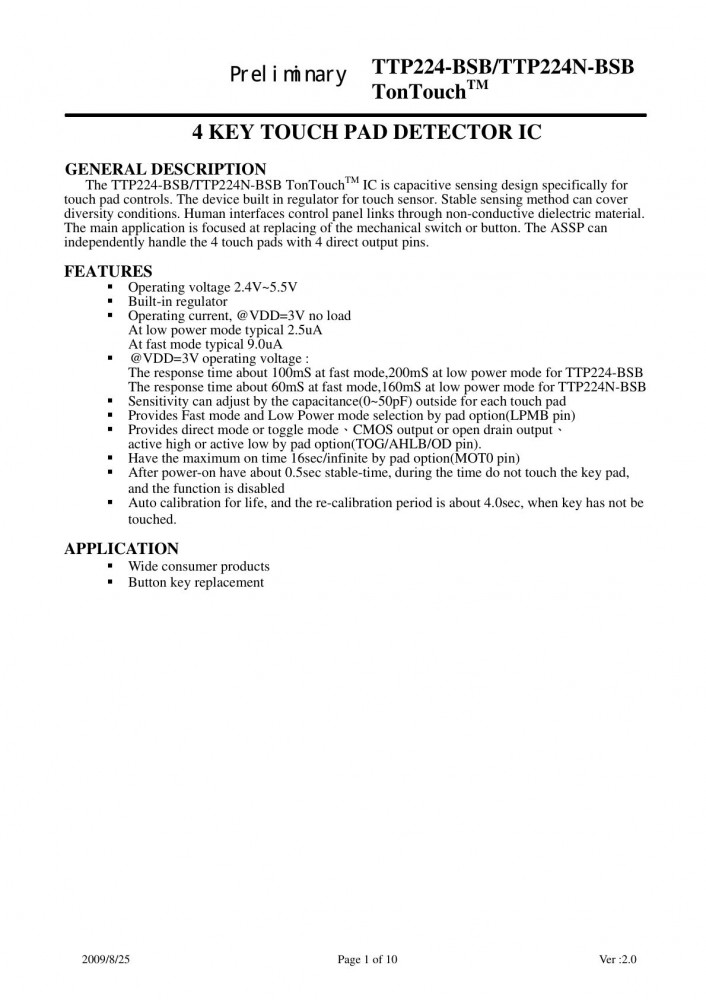 TTP224N-BSBN datasheet page 1