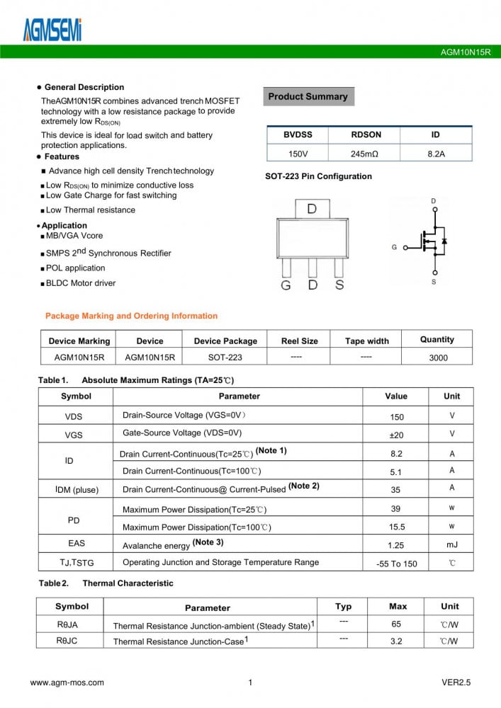 AGM10N15R datasheet page 1
