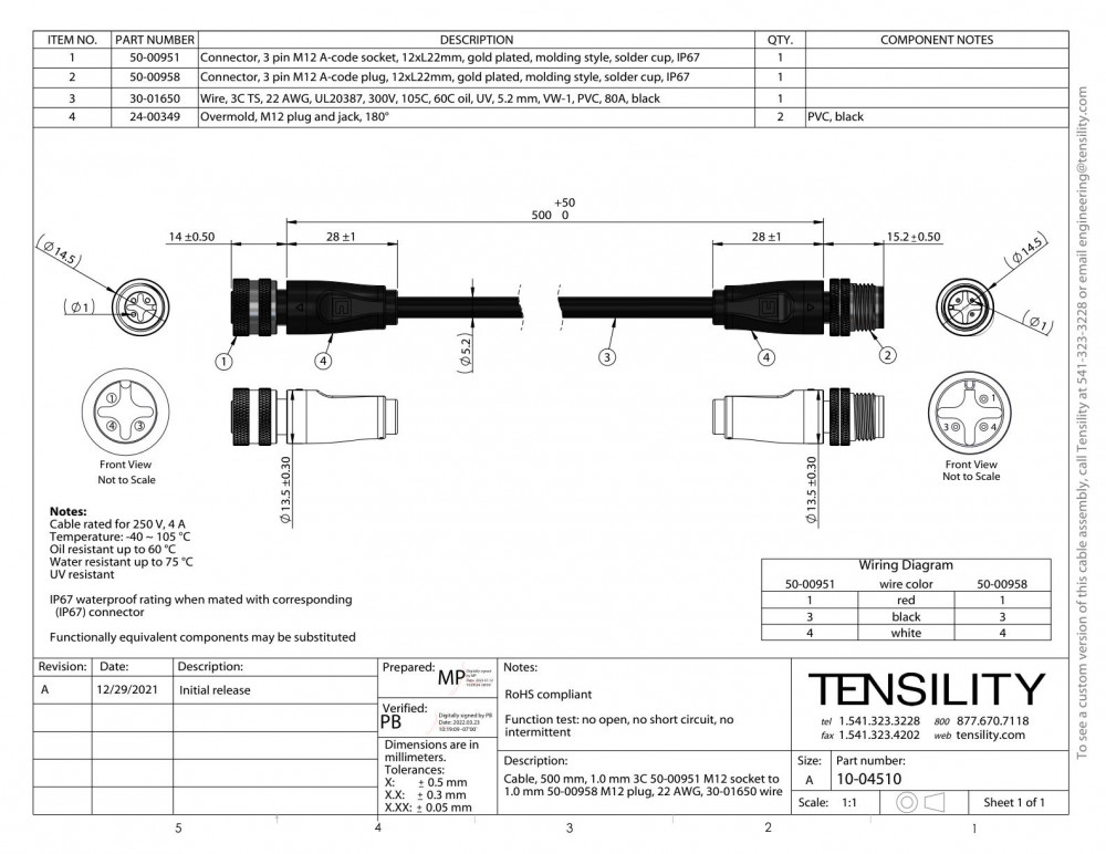 Tensility International 10-04510 cable assembly drawing