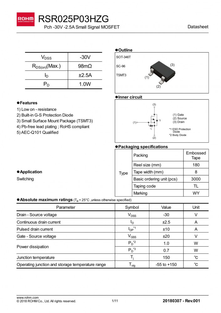RSR025P03HZGTL datasheet page 1