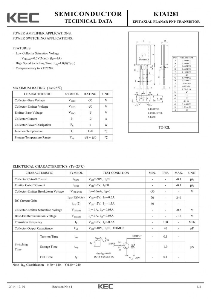 KTA1281-Y-AT/P datasheet page 1