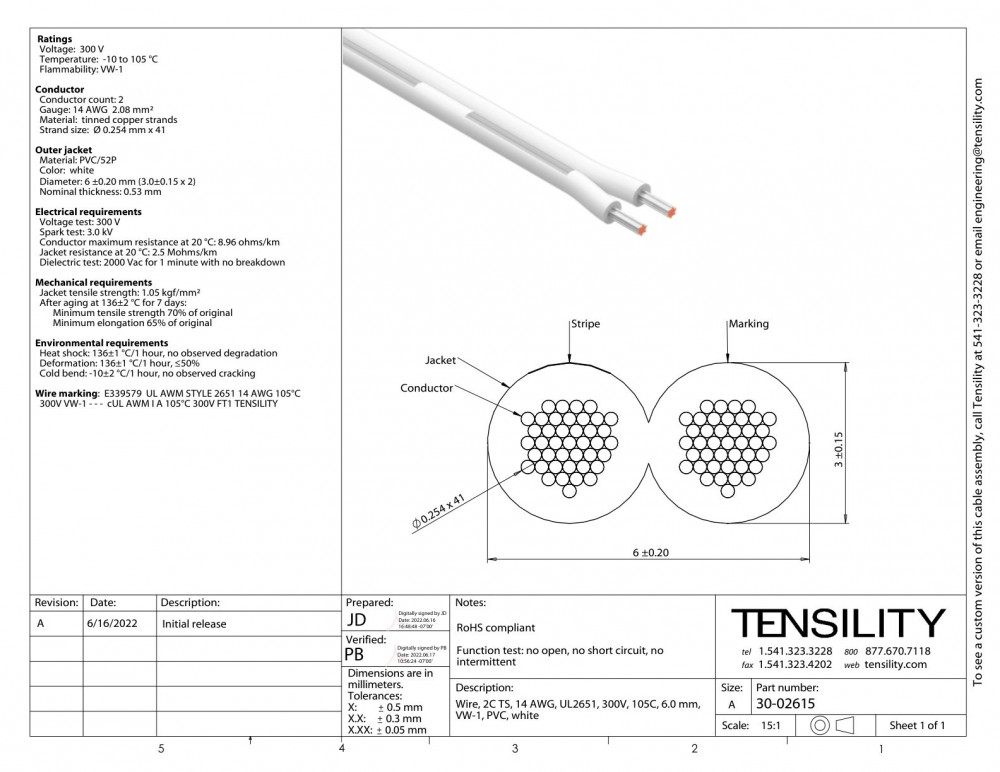 Tensility 30-02615 product drawing and wire specifications