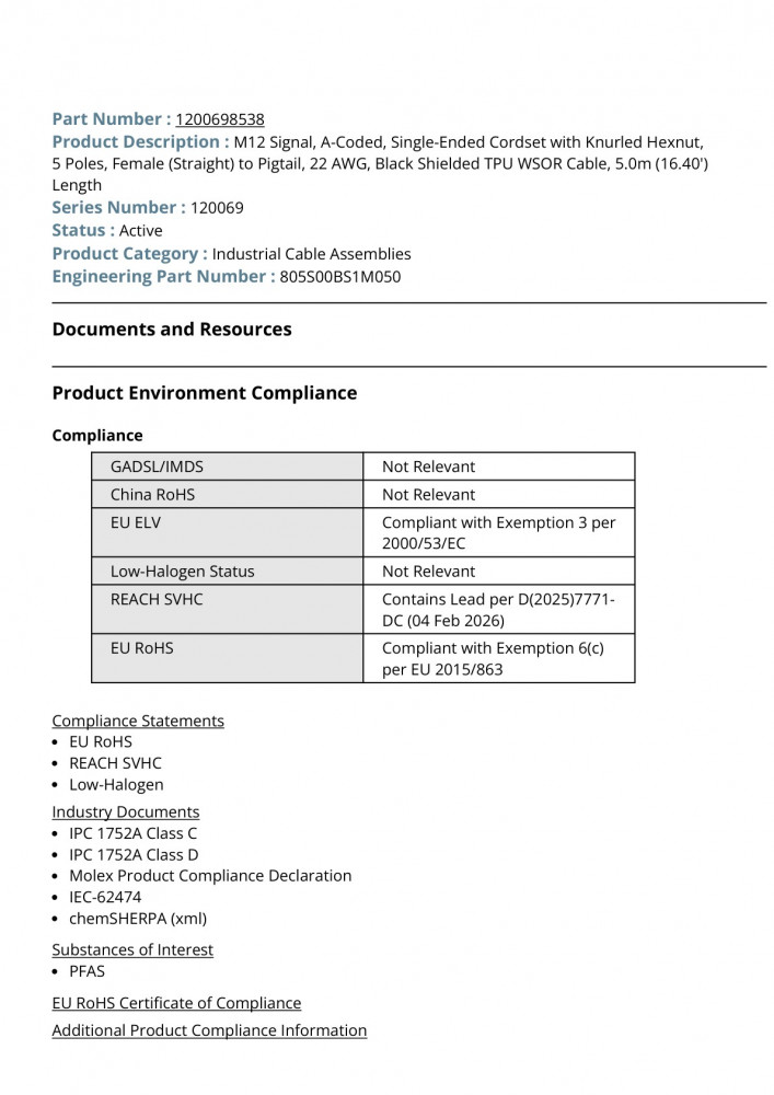 Molex cable assembly drawing, page 1