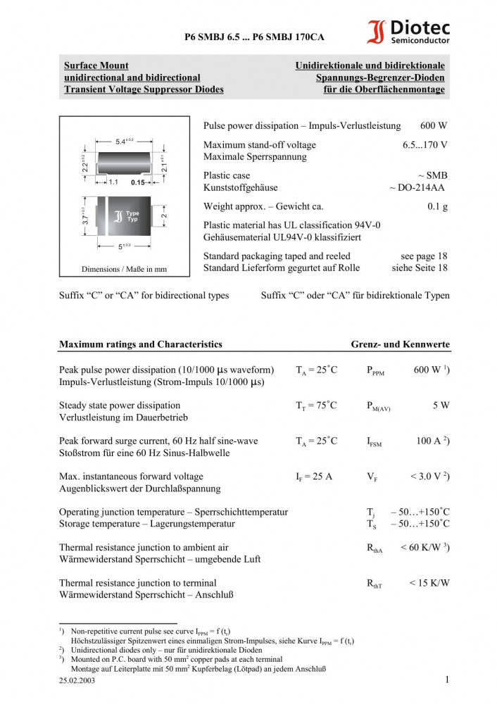 DIOTEC P6SMBJ series datasheet page 1