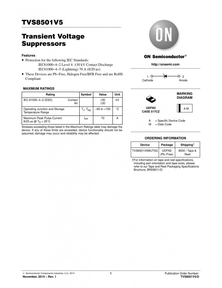 TVS8501V5MUT5G datasheet page 1