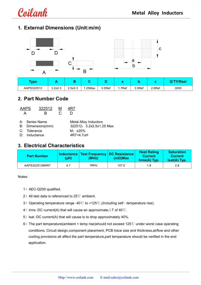 COILANK AAPS322512M4R7 technical drawing and specification page