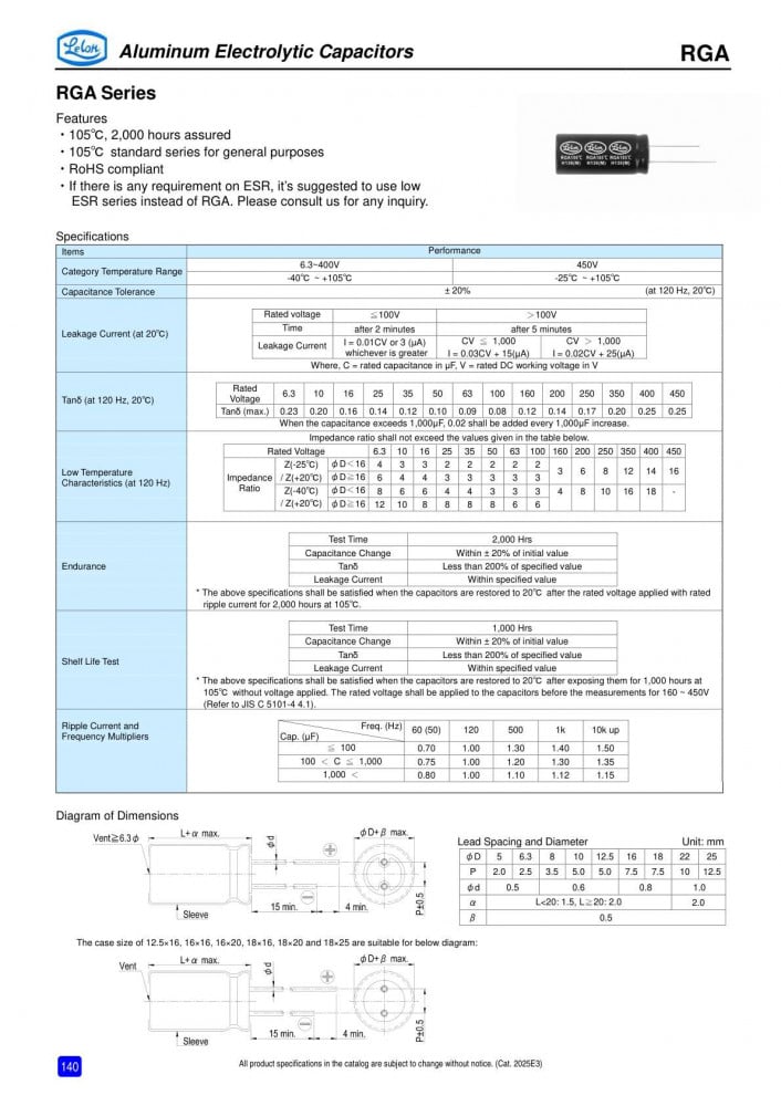 Lelon RGA series datasheet page 1