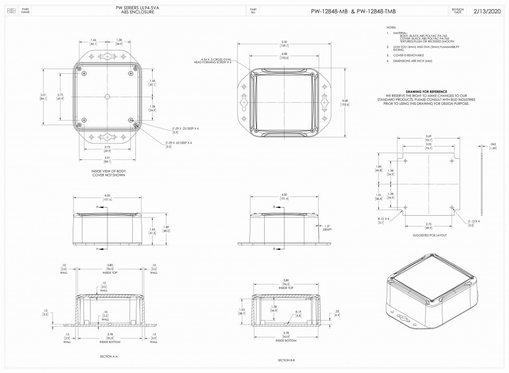 PW-12848-TMB enclosure drawing and suggested PCB layout
