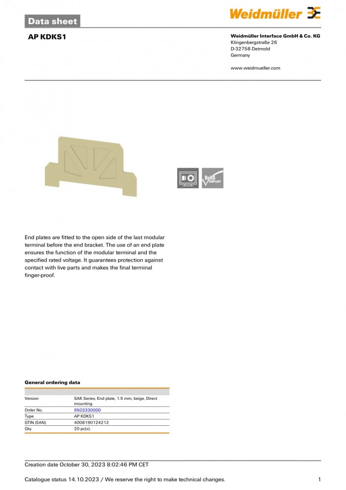 WEIDMULLER 9503330000 technical document page 1