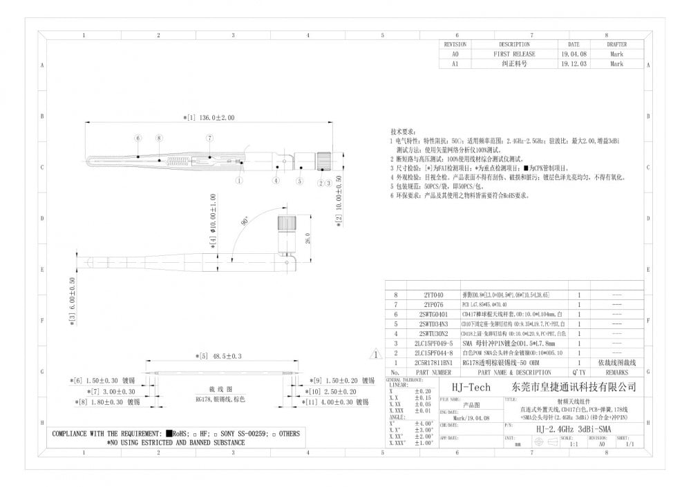 HJ-2.4GHz 3dBi-SMA product drawing