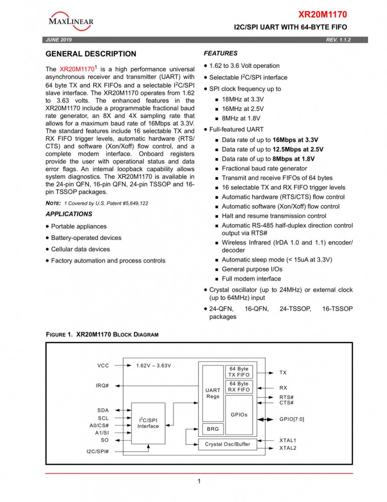 XR20M1170 datasheet page 1