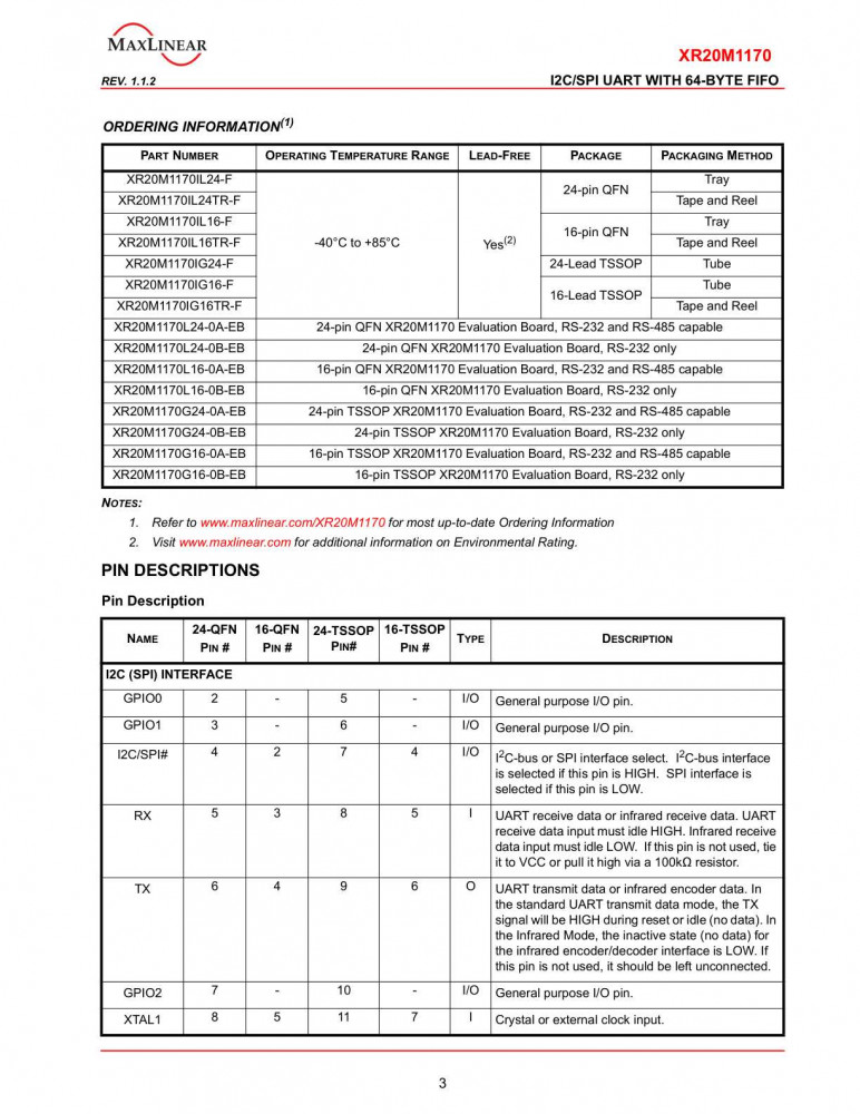 XR20M1170 datasheet page 3