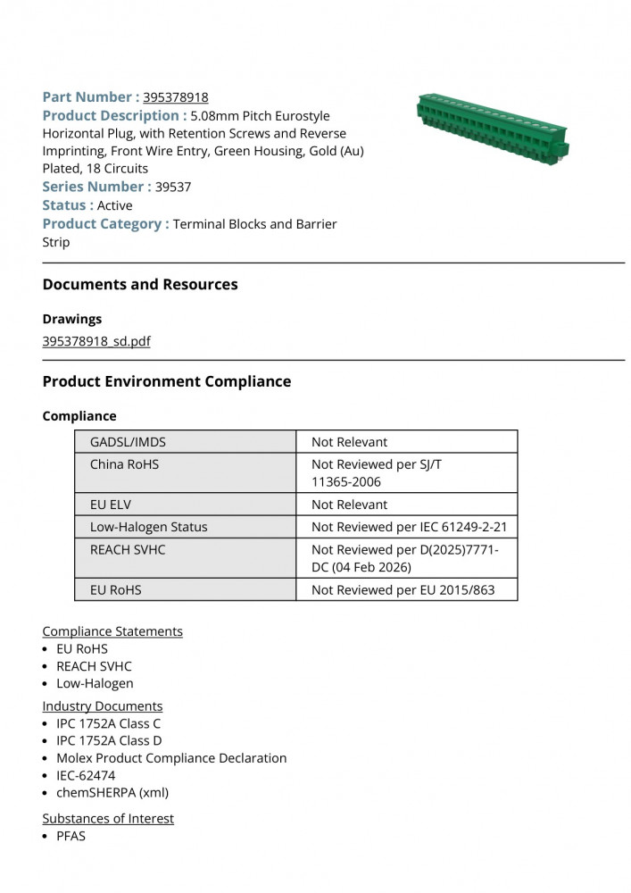 MOLEX 39537 series product drawing, page 1