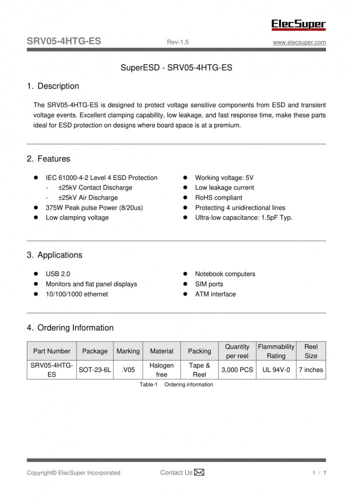 SRV05-4HTG-ES datasheet page 1
