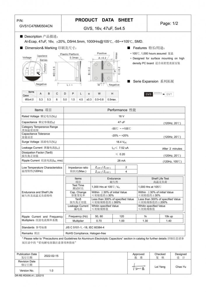 ACMECON GVS1C476M0504CN dimension and electrical specification page