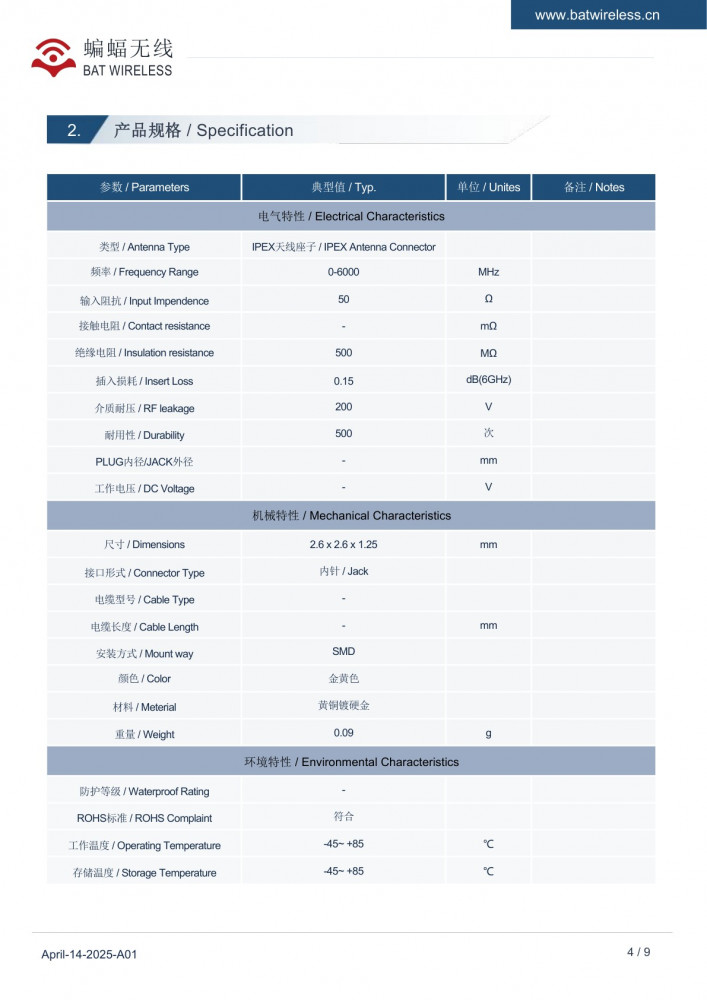 BWIPX-1-001E mechanical specifications