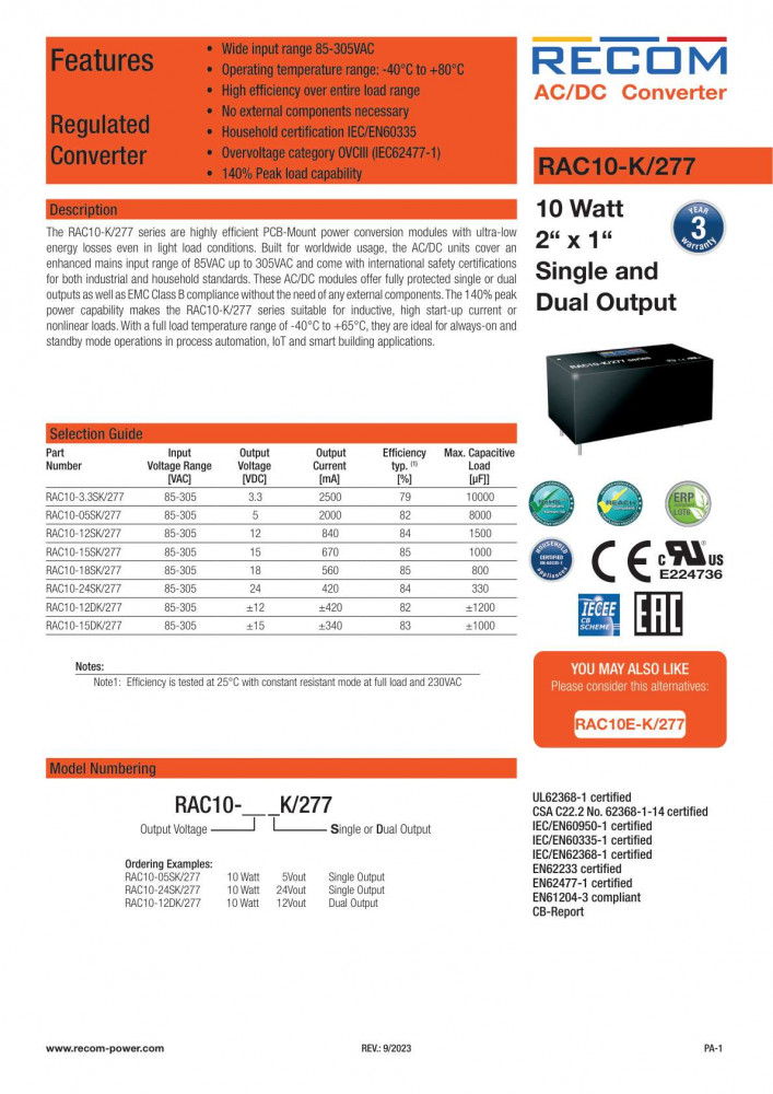 RAC10-K/277 datasheet page 1