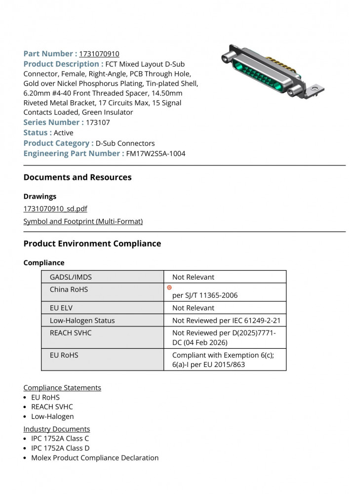 MOLEX 1731070910 product drawing, page 1