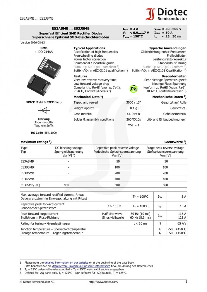 DIOTEC ES3DSMB datasheet page 1