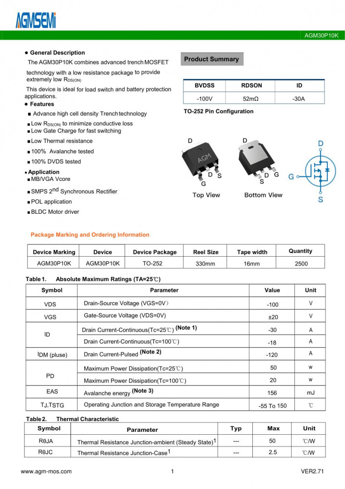 AGM30P10K datasheet page 1