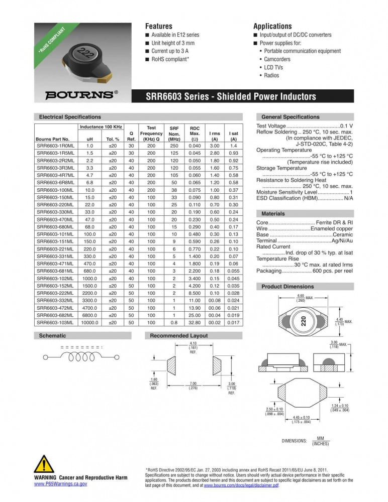 Bourns SRR6603 series datasheet page 1