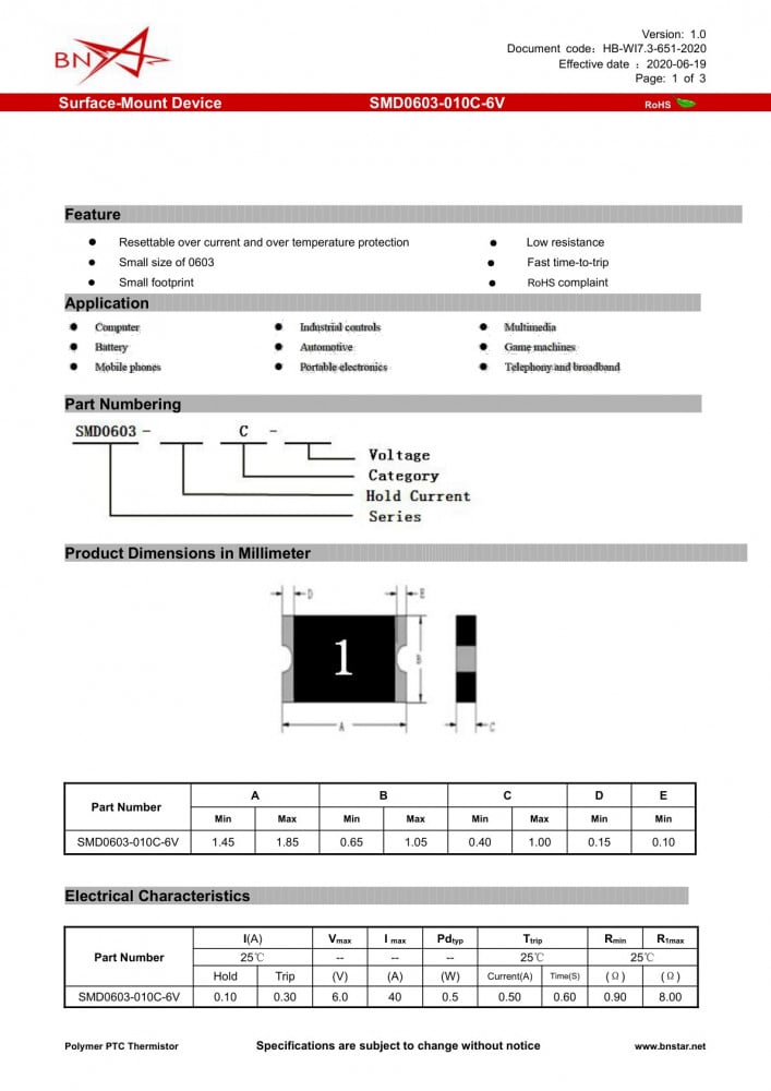 BNstar SMD0603-010C-6V datasheet page 1