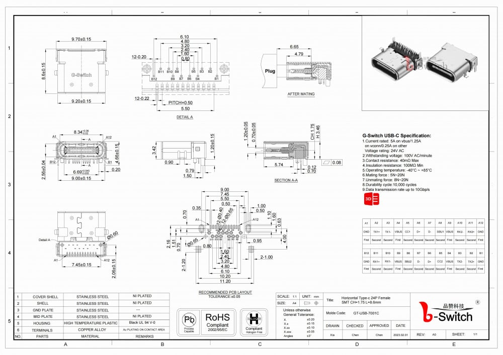 GT-USB-7001C technical drawing page 1