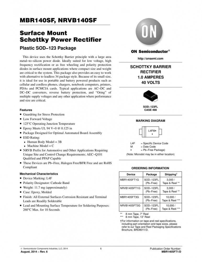 MBR140SFT1G datasheet page 1