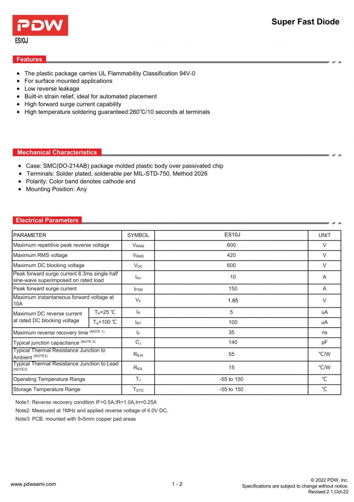 PDW ES10J datasheet page 1
