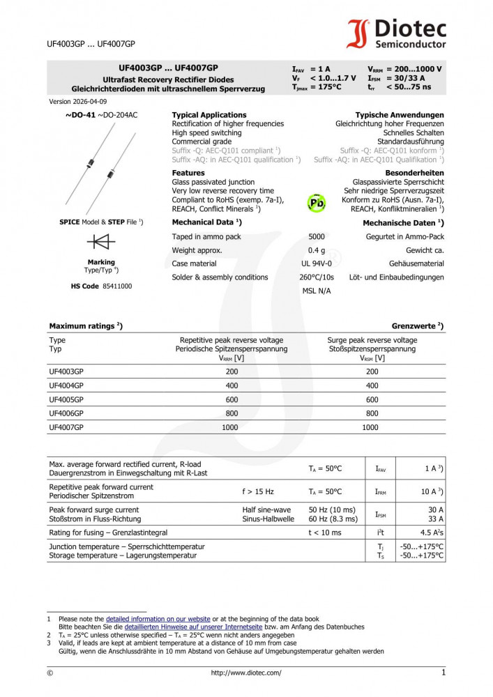DIOTEC UF4003GP to UF4007GP datasheet page 1