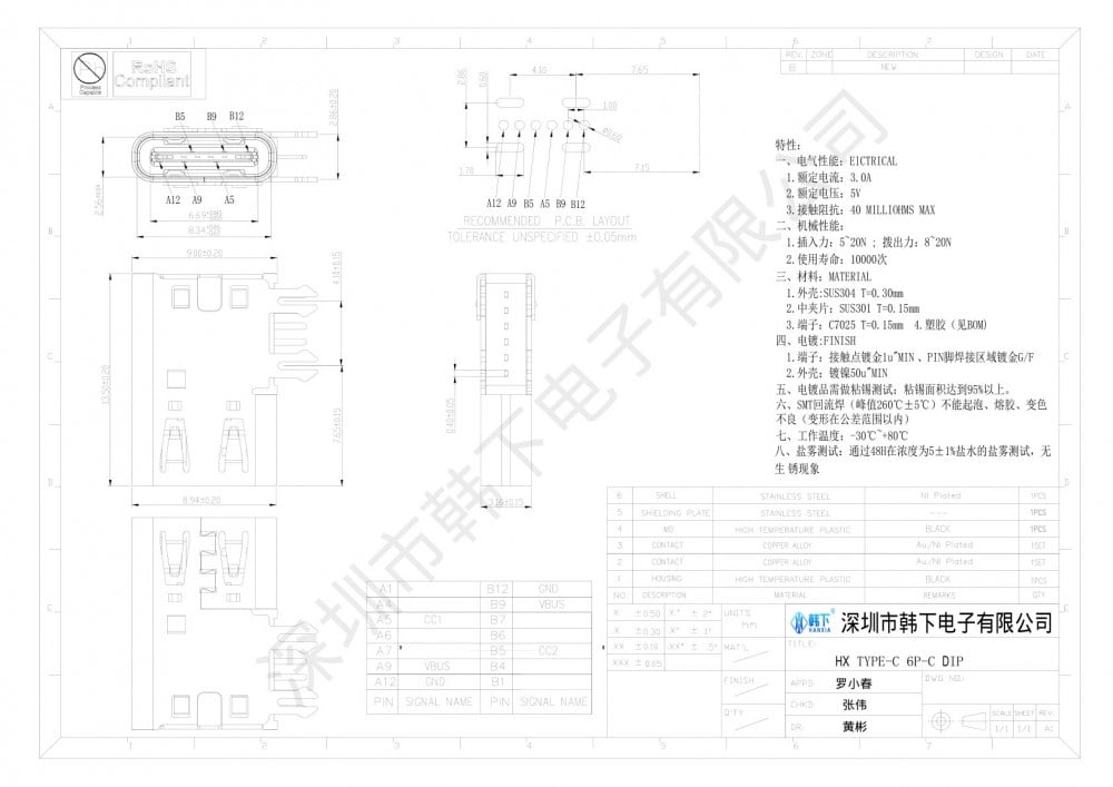 HX TYPE-C 6P-C DIP technical drawing preview