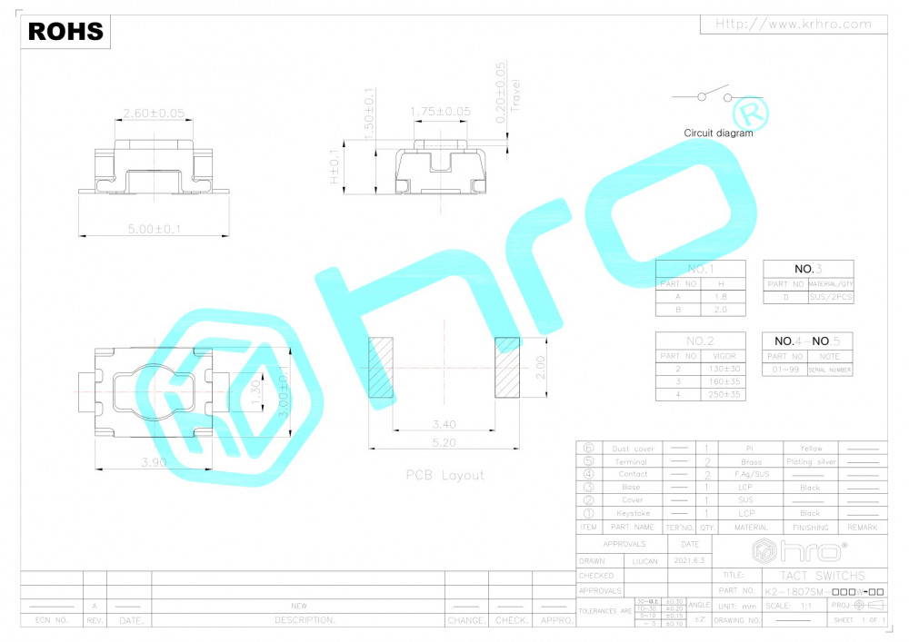 K2-1807SM-B4DW-06 tactile switch technical drawing