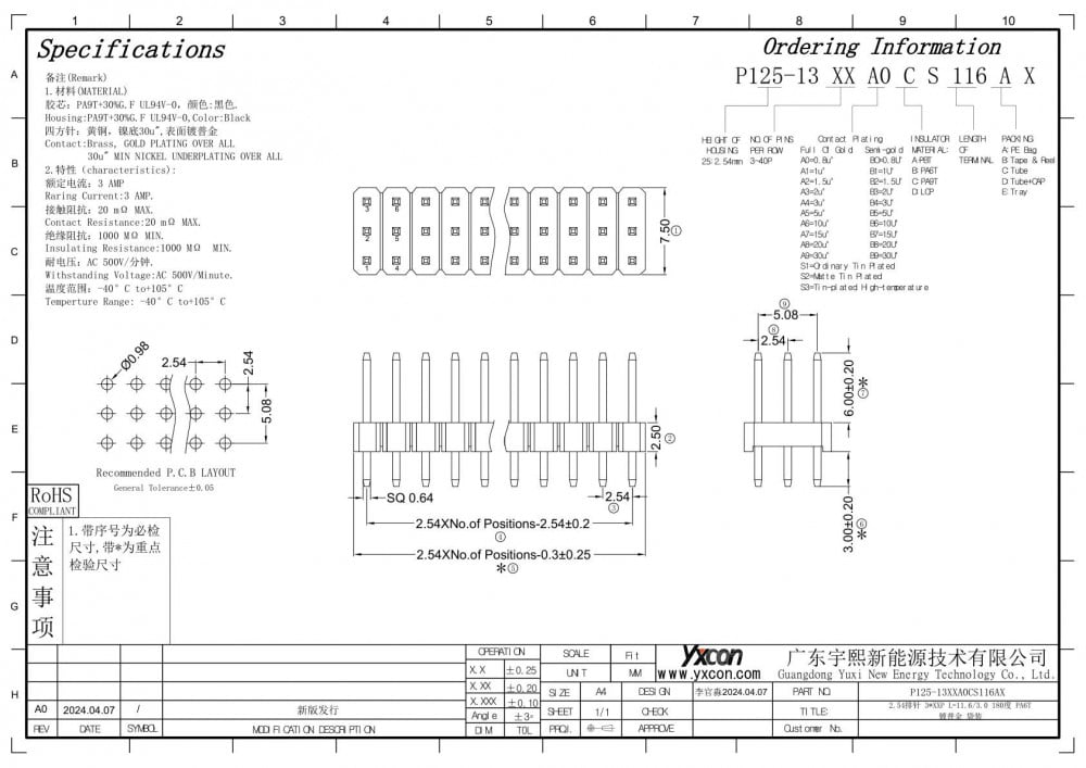 Yxcon P125-1332A0CS116A1 technical drawing