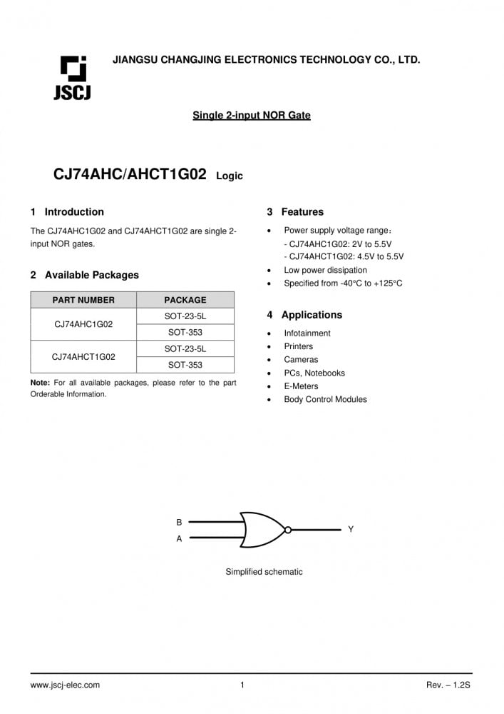 CJ74AHC1G02 datasheet page 1