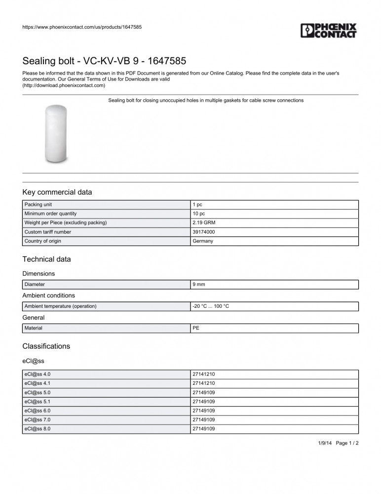 Phoenix Contact VC-KV-VB 9 datasheet page 1