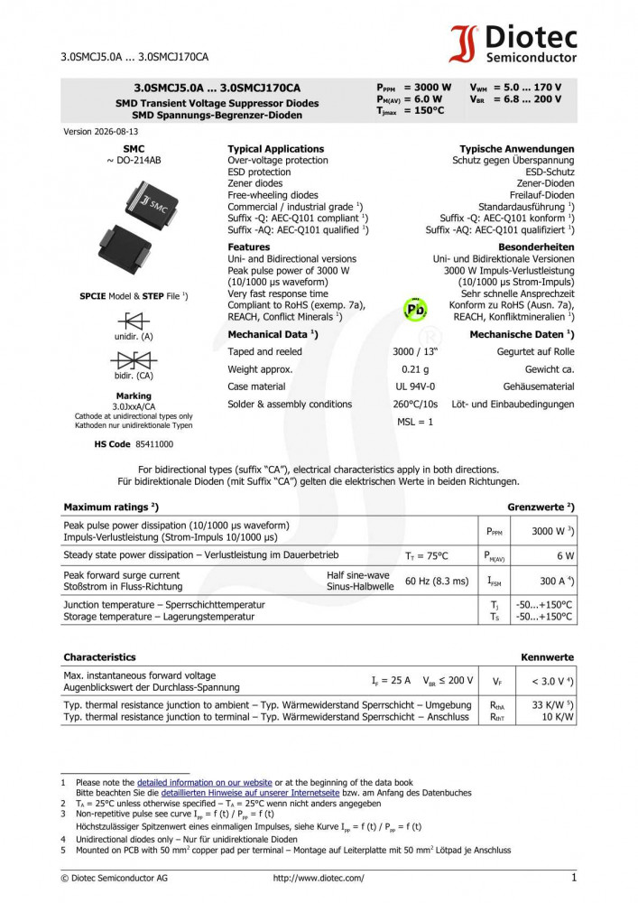 DIOTEC 3.0SMCJ series datasheet preview, page 1