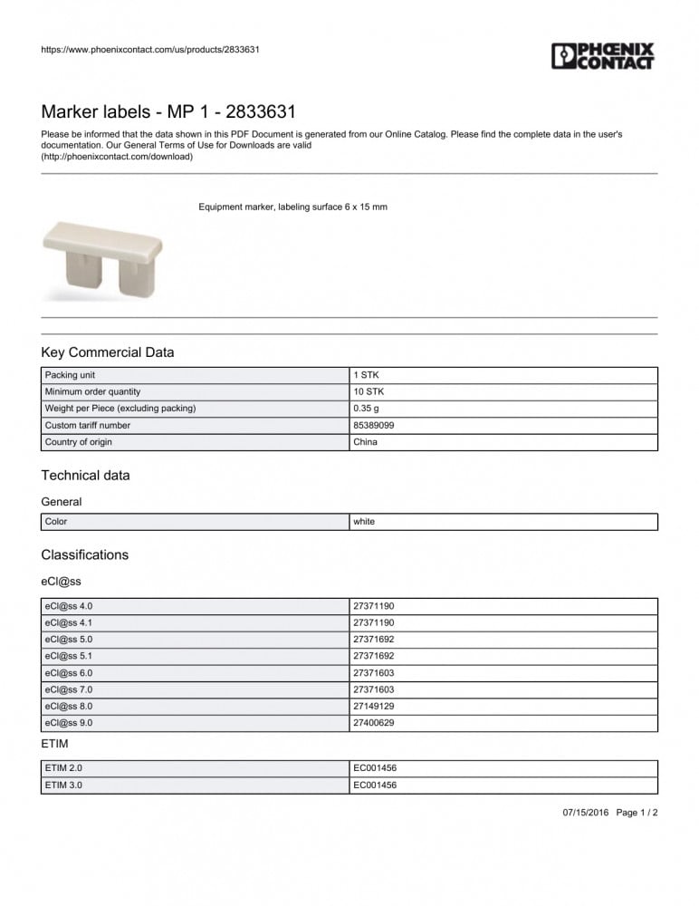 Phoenix Contact 2833631 technical document page 1