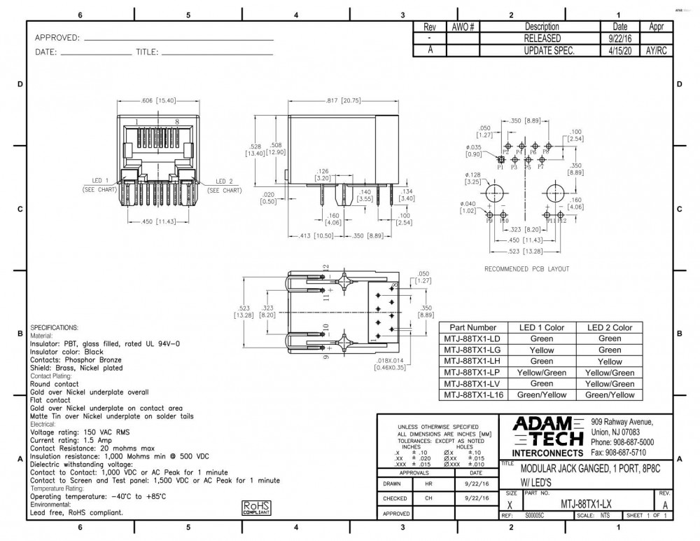 ADAM TECH MTJ-88TX1-L16 technical drawing